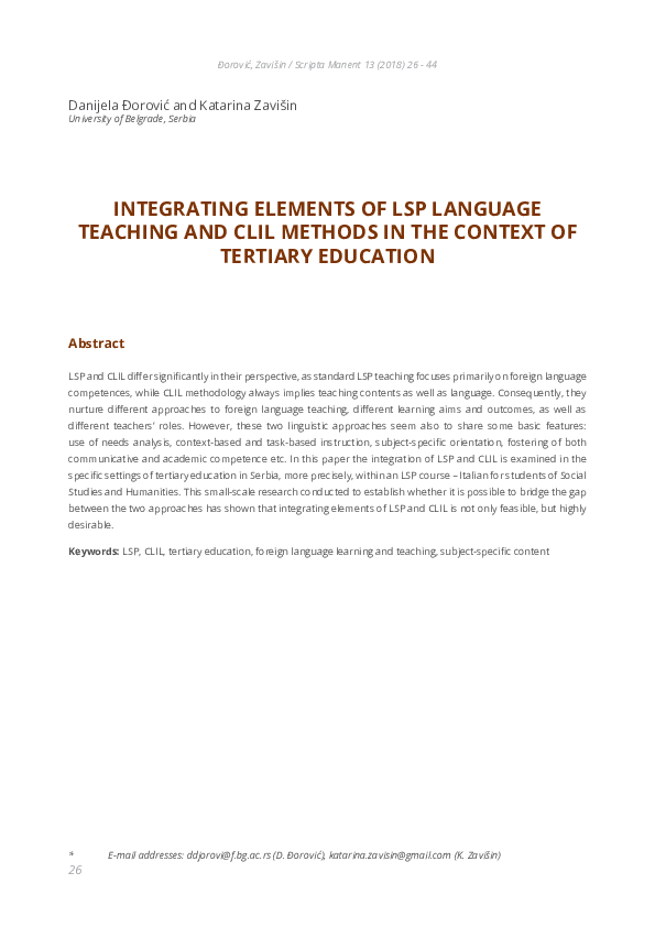 (PDF) Integrating Elements of LSP Language Teaching and CLIL Methods in ...