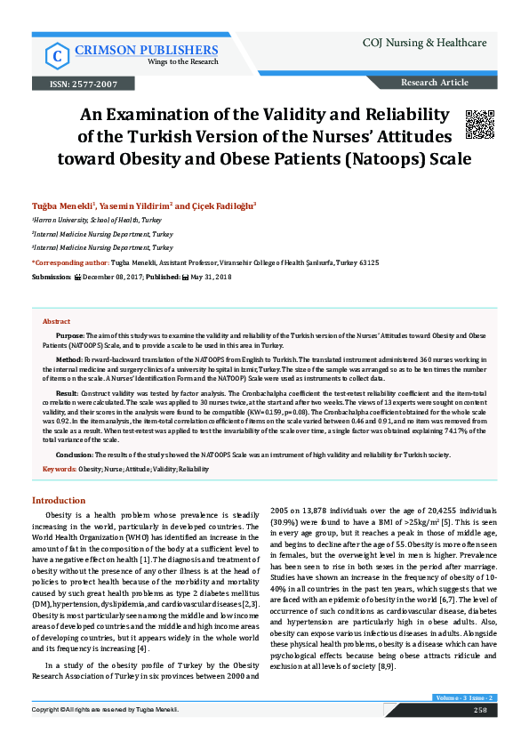 (PDF) An Examination of the Validity and Reliability of the Turkish Version of the Nurses ...