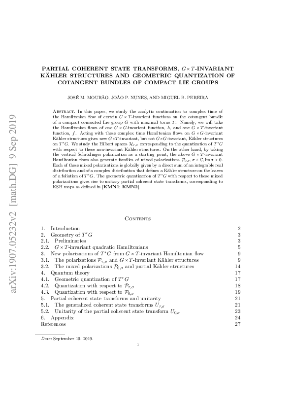 (PDF) Partial coherent state transforms, G × T-invariant Kähler structures and geometric ...