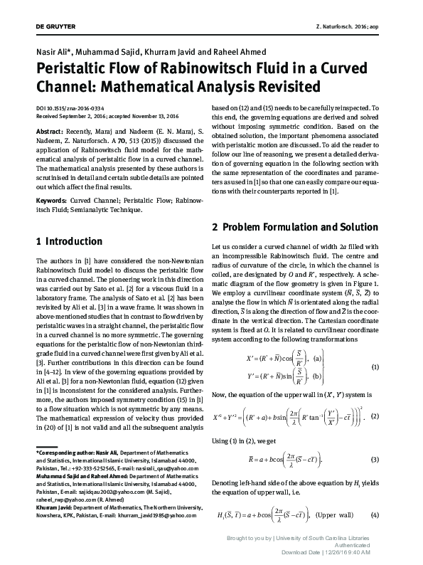 (PDF) Peristaltic Flow of Rabinowitsch Fluid in a Curved Channel: Mathematical Analysis Revisited