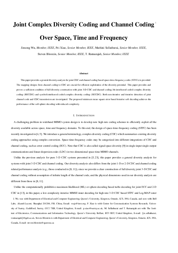 (PDF) Joint complex diversity coding and channel coding over space, time and frequency