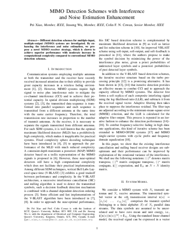 (PDF) MIMO Detection Schemes with Interference and Noise Estimation Enhancement