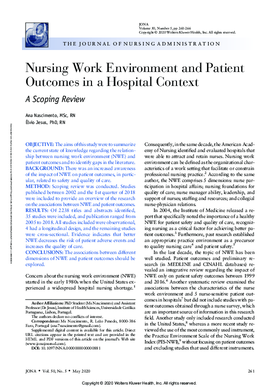 (PDF) Nursing Work Environment and Patient Outcomes in a Hospital Context