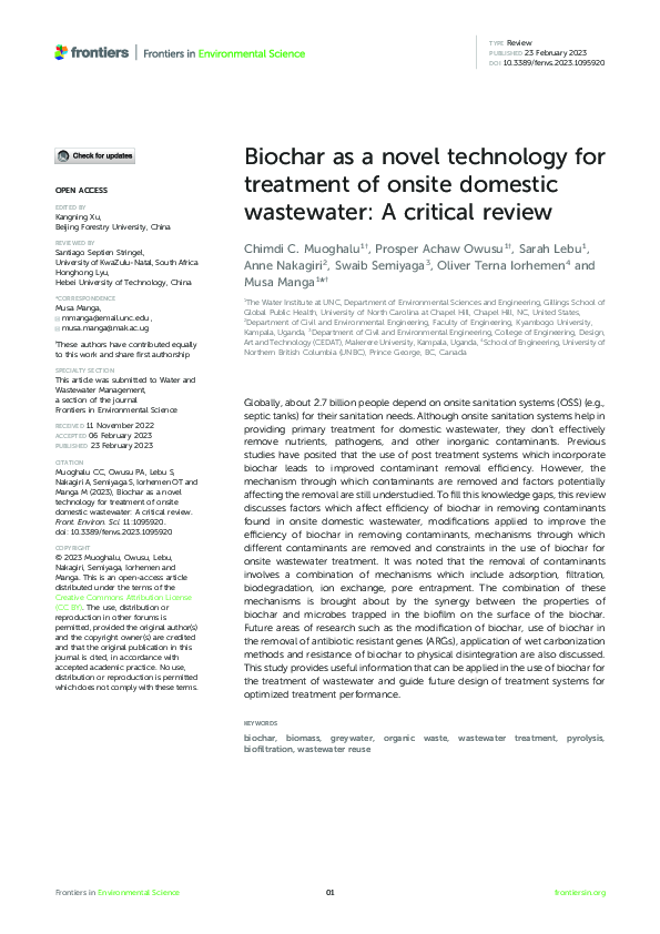 (PDF) Biochar as a novel technology for treatment of onsite domestic wastewater: A critical review