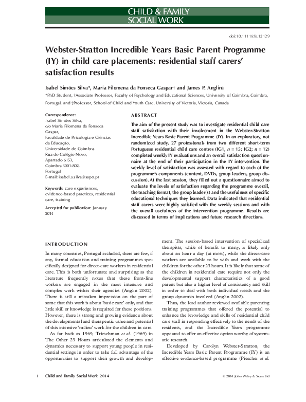 (PDF) Webster-Stratton Incredible Years Basic Parent Programme (IY) in ...