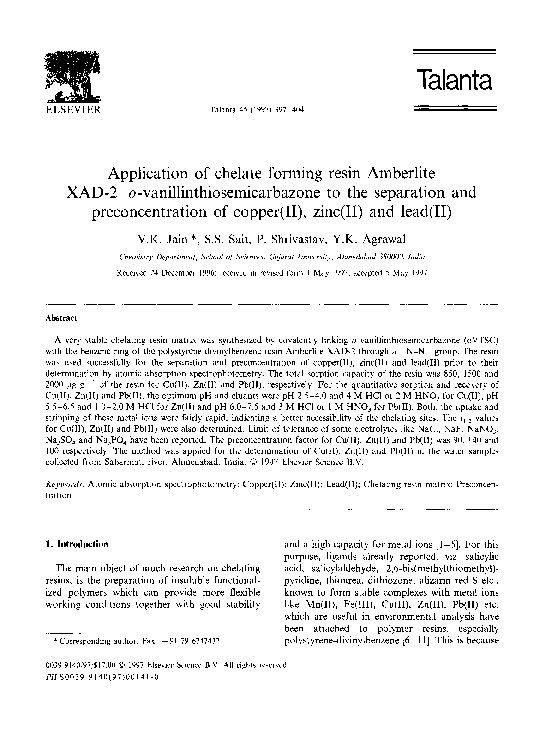 (PDF) Application of chelate forming resin Amberlite XAD-2-o-vanillinthiosemicarbazone to the ...