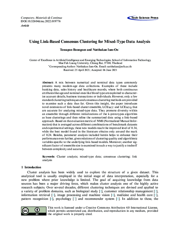 Pdf Using Link Based Consensus Clustering For Mixed Type Data Analysis
