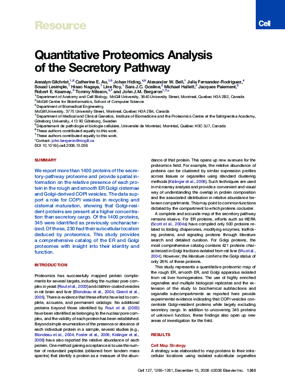 (PDF) Quantitative Proteomics Analysis of the Secretory Pathway | Ce' Au - Academia.edu