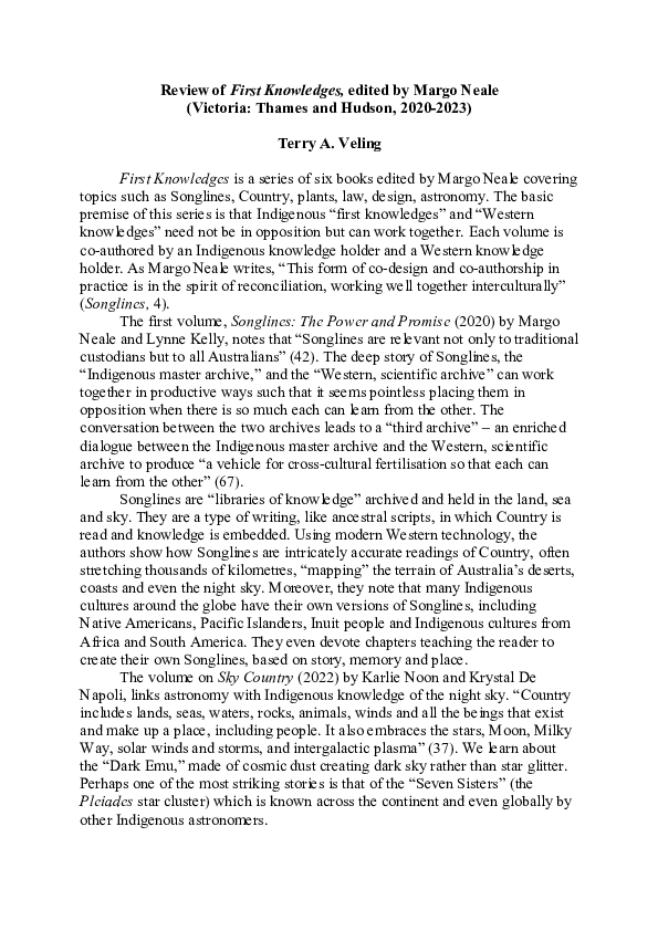 (PDF) Review of First Knowledges, edited by Margo Neale (Victoria ...