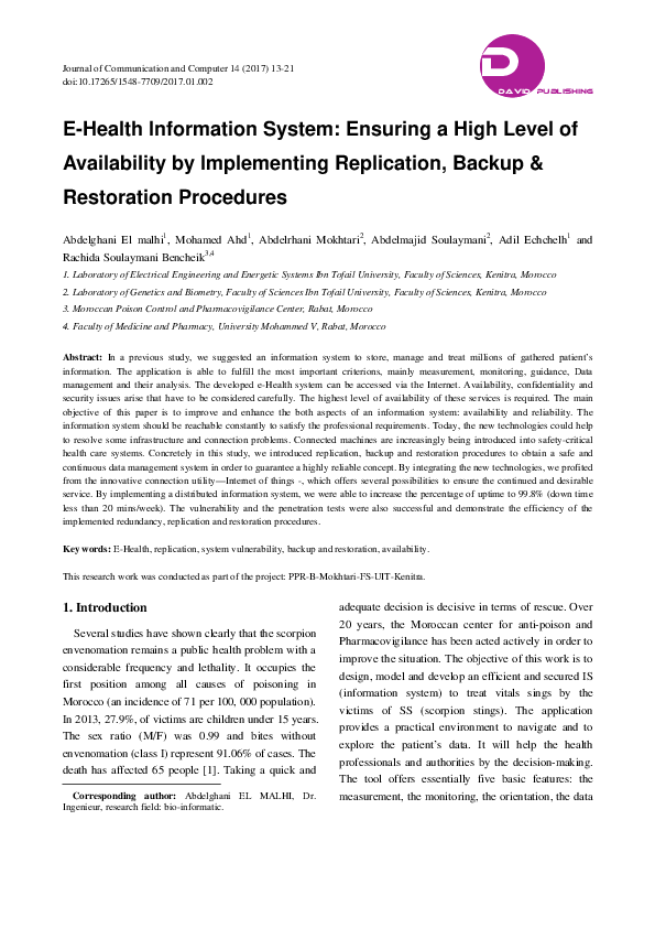 (PDF) E-Health Information System: Ensuring a High Level of Availability by Implementing ...