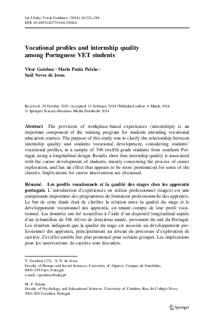 (PDF) Vocational profiles and internship quality among Portuguese VET students