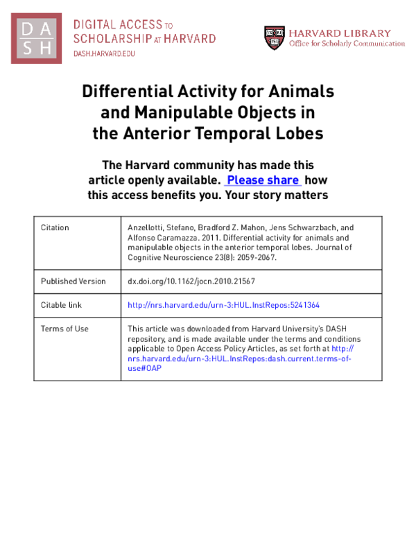(PDF) Differential Activity for Animals and Manipulable Objects in the ...