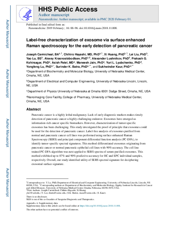 (PDF) Label-free characterization of exosome via surface enhanced Raman spectroscopy for the ...