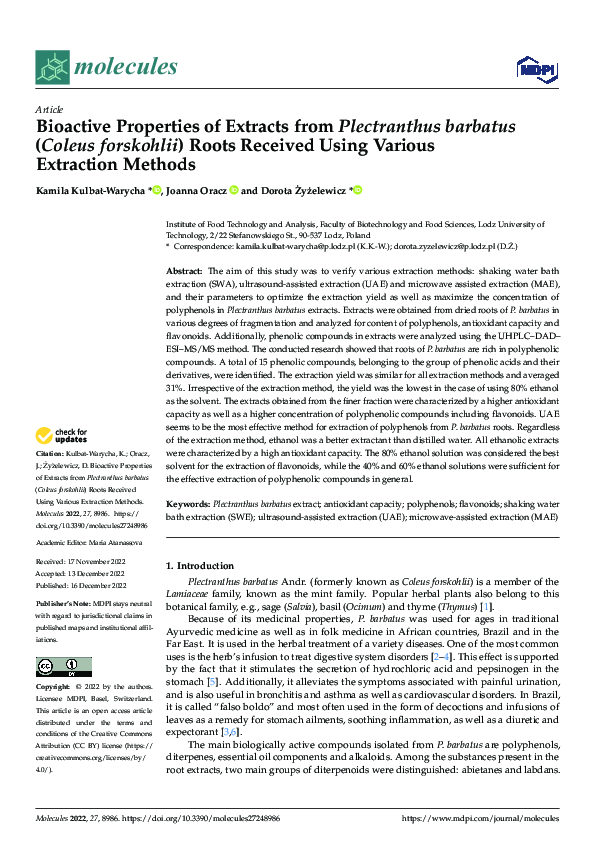 (PDF) Bioactive Properties of Extracts from Plectranthus barbatus (Coleus forskohlii) Roots ...
