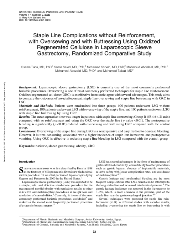 (PDF) Staple Line Complications without Reinforcement, with Oversewing ...
