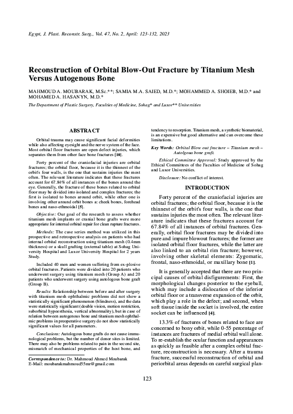 (PDF) Reconstruction of Orbital Blow-Out Fracture by Titanium Mesh ...