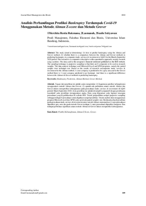(PDF) Analisis Perbandingan Prediksi Bankruptcy Terdampak Covid-19 ...