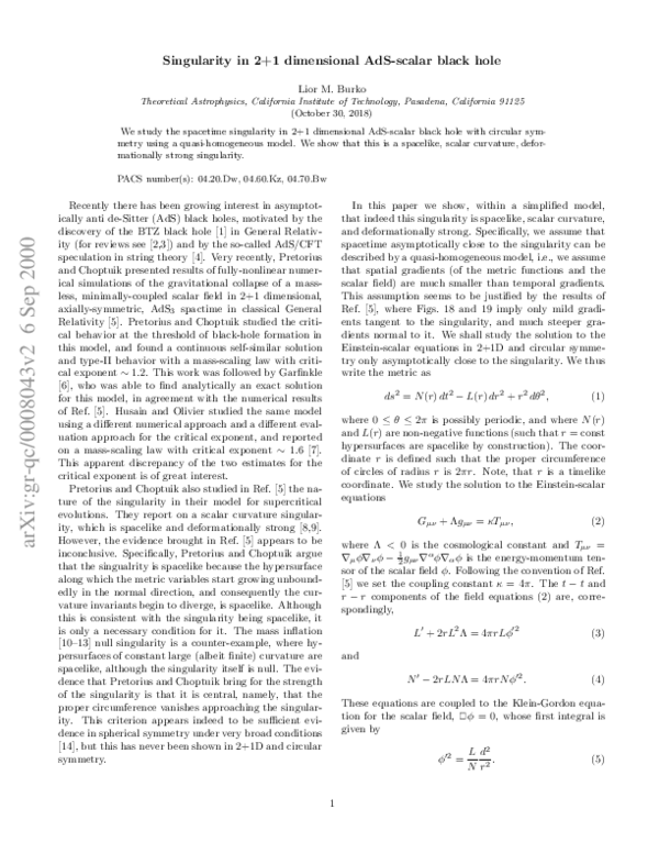 (PDF) Singularity in a (2+1)-dimensional AdS scalar black hole