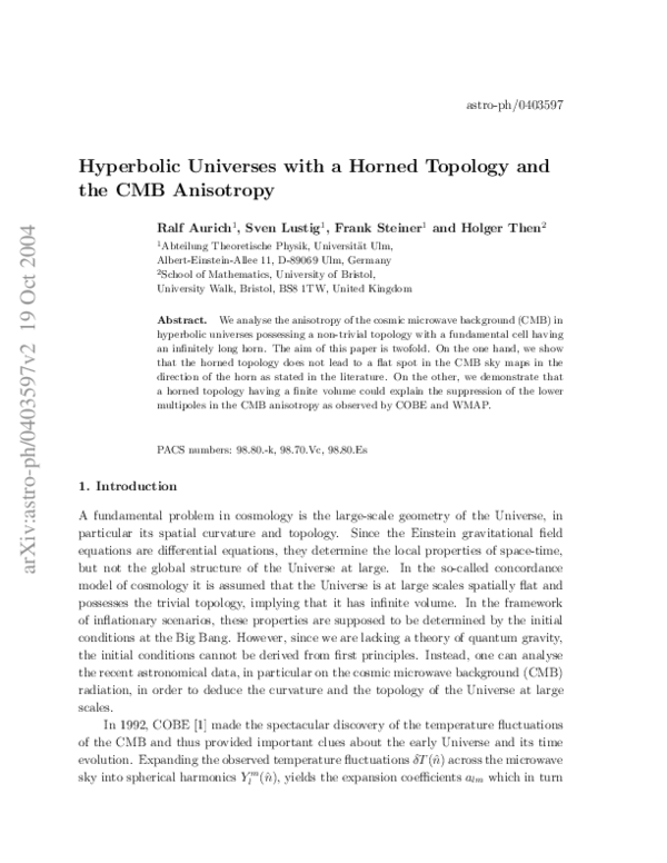 Pdf Hyperbolic Universes With A Horned Topology And The Cosmic Microwave Background Anisotropy