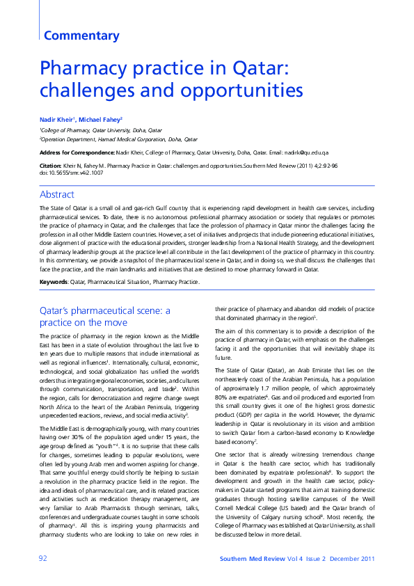 (PDF) Pharmacy practice in Qatar: challenges and opportunities