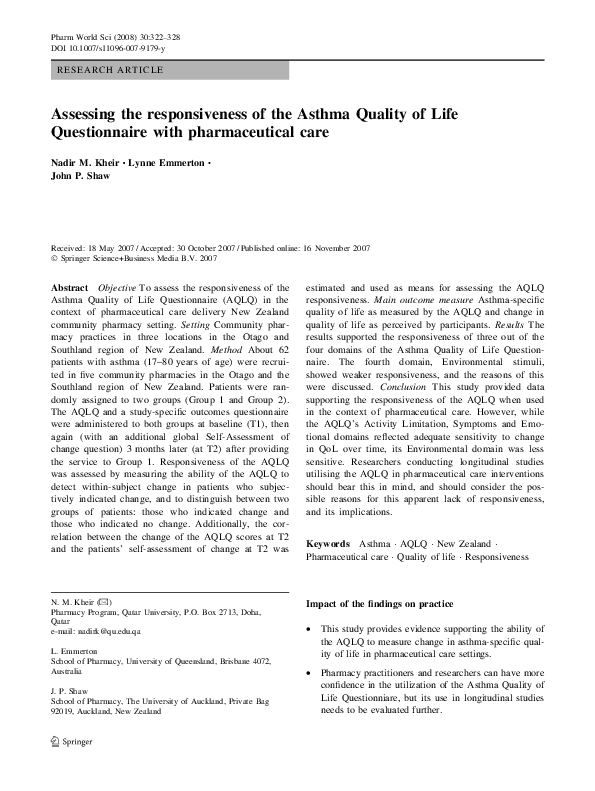 (PDF) AQLQ Responsiveness in Pharmaceutical Care