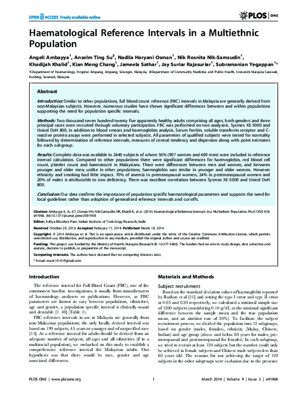 (PDF) Haematological Reference Intervals in a Multiethnic Population