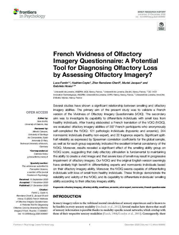 (PDF) French Vividness of Olfactory Imagery Questionnaire: A Potential ...