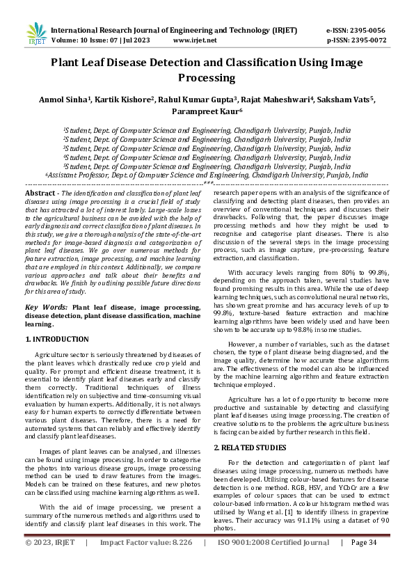 Pdf Plant Leaf Disease Detection And Classification Using Image Processing