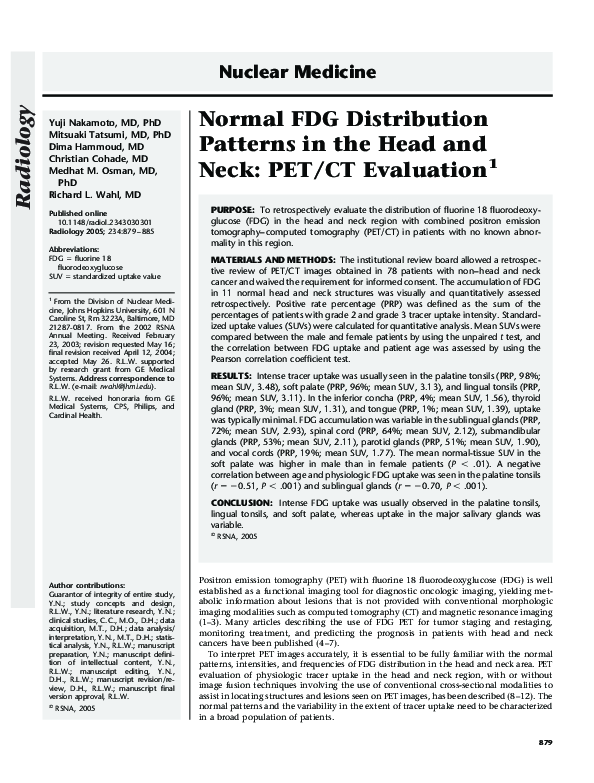 (PDF) Normal FDG Distribution Patterns in the Head and Neck: PET/CT ...