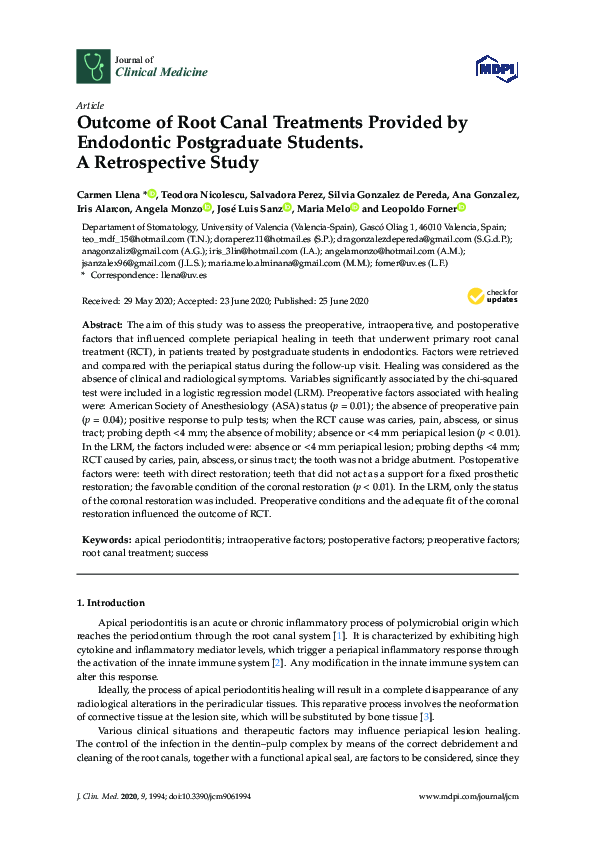 (PDF) Outcome of Root Canal Treatments Provided by Endodontic Postgraduate Students. A ...