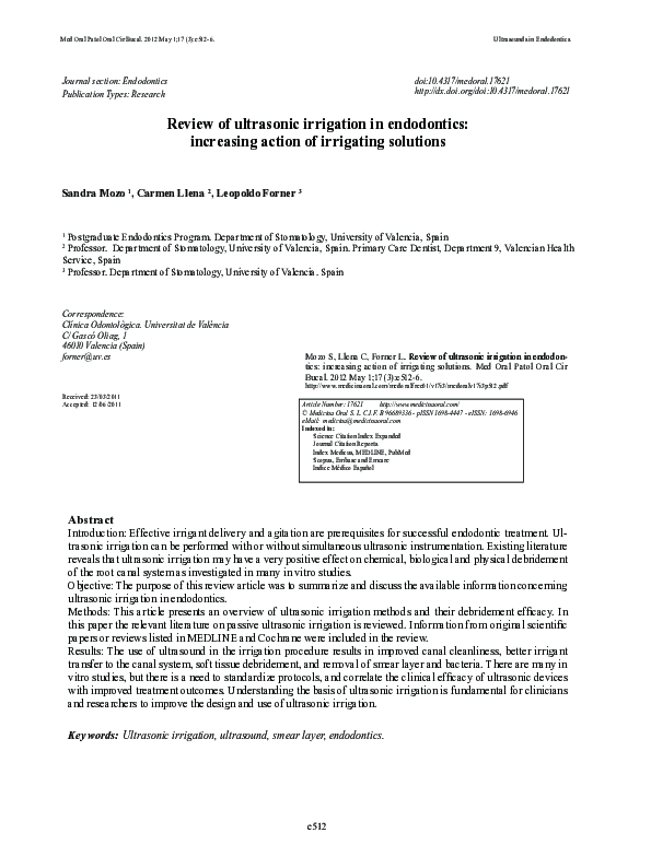 (PDF) Review of ultrasonic irrigation in endodontics: increasing action of irrigating solutions