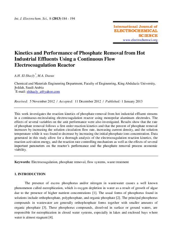 (PDF) Kinetics and Performance of Phosphate Removal from Hot Industrial Effluents Using a ...