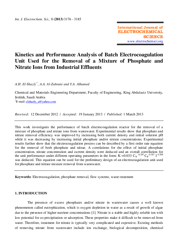 (PDF) Kinetics and Performance Analysis of Batch Electrocoagulation Unit Used for the Removal of ...