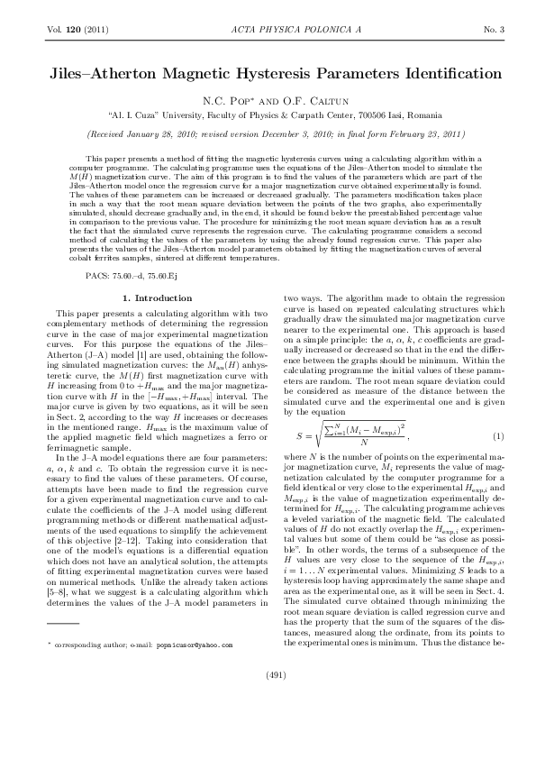 (PDF) Jiles-Atherton Magnetic Hysteresis Parameters Identification
