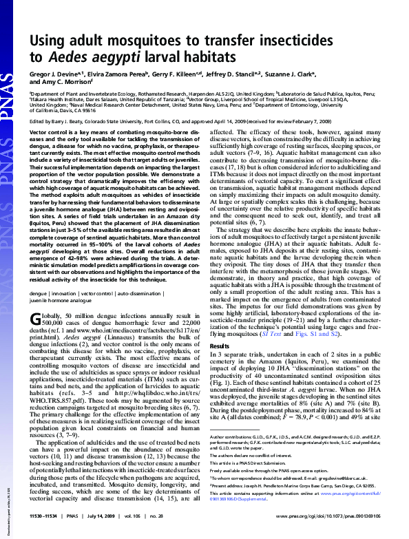 (PDF) Using adult mosquitoes to transfer insecticides to Aedes aegypti larval habitats | Amy ...