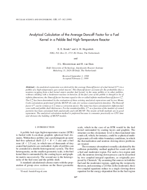 (PDF) Analytical Calculation of the Average Dancoff Factor for a Fuel ...
