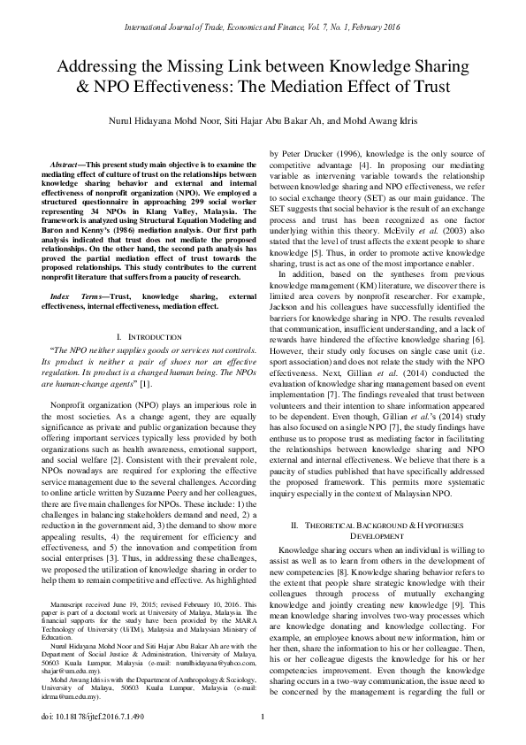 (PDF) Addressing the Missing Link between Knowledge Sharing & NPO Effectiveness: The Mediation ...
