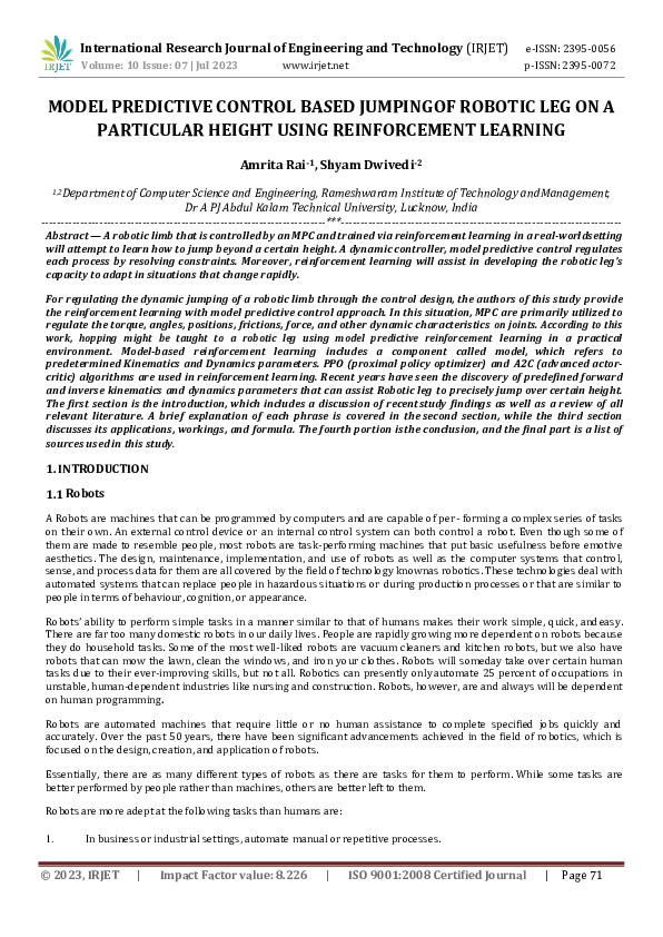Pdf Model Predictive Control Based Jumping Of Robotic Leg On A Particular Height Using 8207