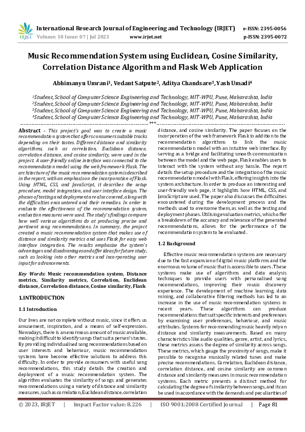 Pdf Music Recommendation System Using Euclidean Cosine Similarity Correlation Distance
