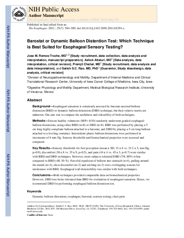 (PDF) Barostat or dynamic balloon distention test: which technique is ...