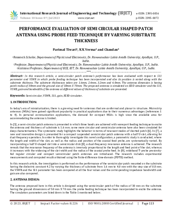 (PDF) PERFORMANCE EVALUATION OF SEMI CIRCULAR SHAPED PATCH ANTENNA USING PROBE FEED TECHNIQUE BY ...