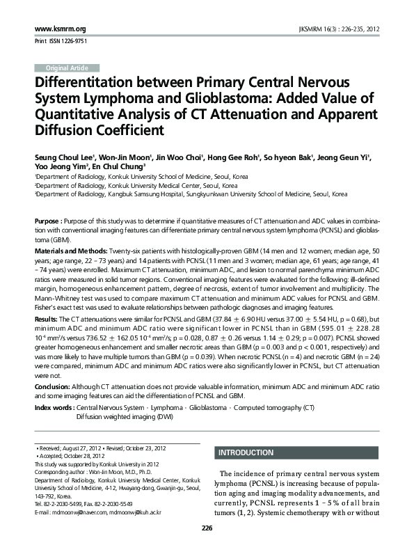 (PDF) Differentitation between Primary Central Nervous System Lymphoma and Glioblastoma: Added ...