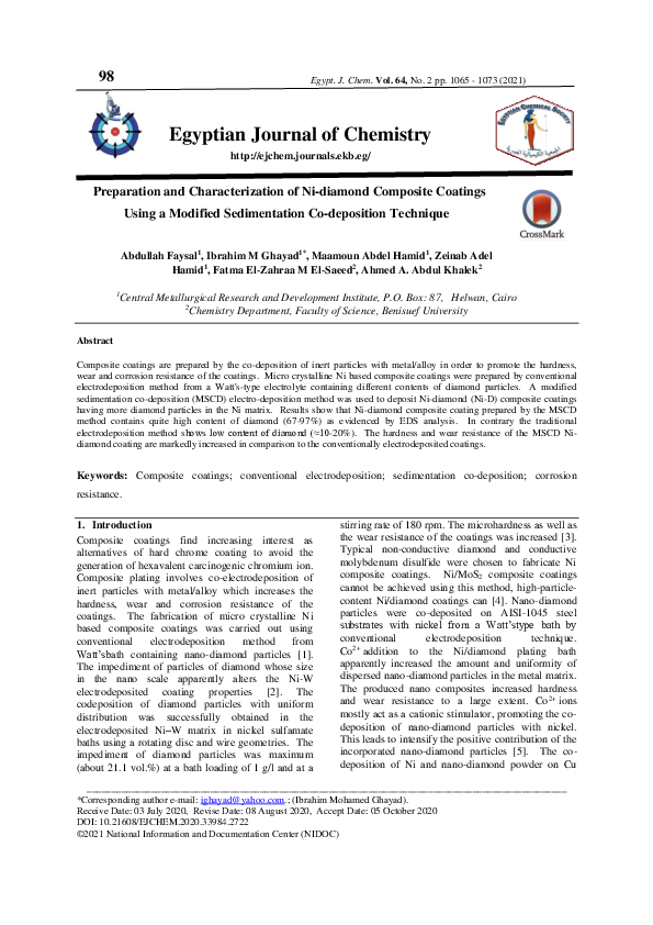 (PDF) Preparation and Characterization of Ni-diamond Composite Coatings Using Sedimentation Co ...