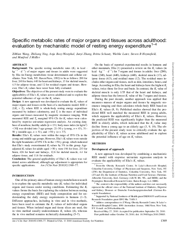 (PDF) Specific metabolic rates of major organs and tissues across ...