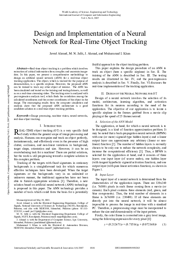 (PDF) Design And Implementation Of A Neural Network For Real-Time Object Tracking