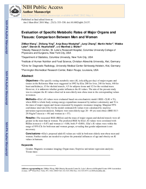 (PDF) Evaluation of specific metabolic rates of major organs and ...