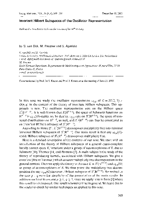 (PDF) Invariant Hilbert subspaces of the oscillator representation (PDF) Invariant Hilbert subspaces of the oscillator representation