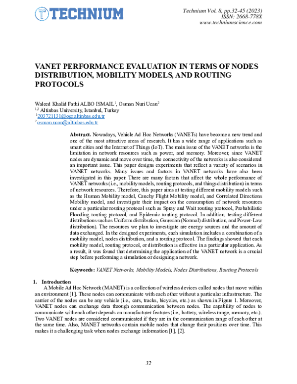 (PDF) Vanet performance evaluatıon ın terms of nodes dıstrıbutıon, mobılıty models, and routıng ...