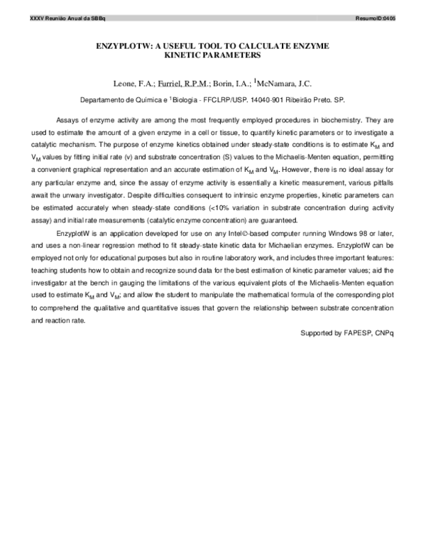 Pdf Enzyplotw A Useful Tool To Calculate Enzyme Kinetic Parameters 