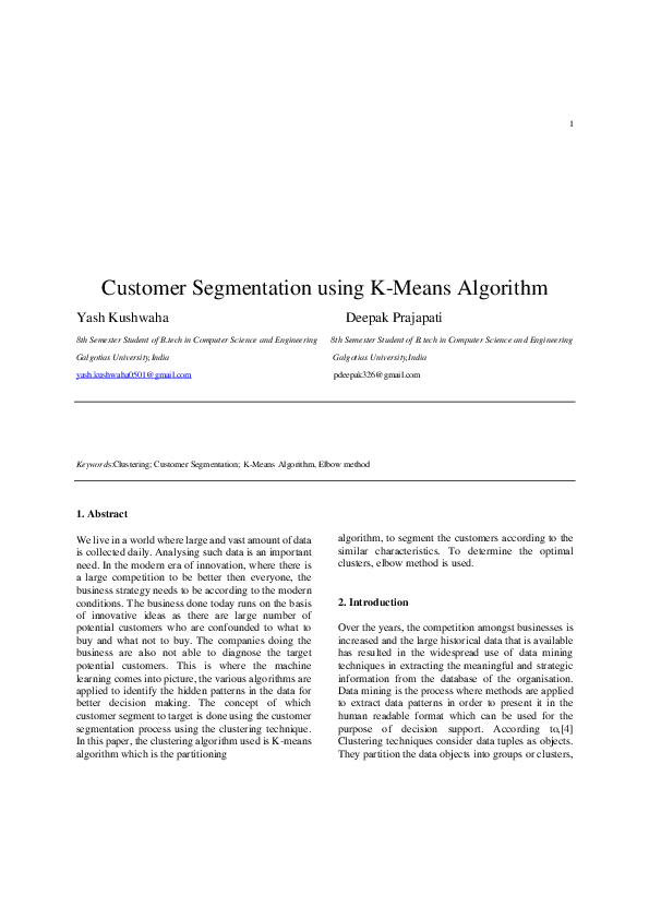 Pdf Customer Segmentation Using K Means Algorithm 2740